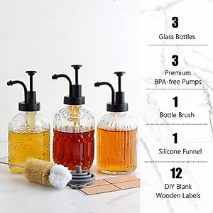 Shining Craft Syrup Pump Dispenser Coffee Syrup Dispenser with Labels, Syrup Bottles 3 Pack 11.8 oz / 350ml, Glass Coffee Pump Dispenser for Coffee Bar, SC058 (Black 3 Pack)