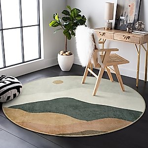 Sungea 4ft Abstract Round Rug,Soft Washable Non-Slip Sun and Mountain Circle Kids Room Rugs,Chic Faux Wool Low-Pile Circular Throw Rugs for Entryway/Bedroom/Nursery/Living Room/Bathroom(Grey)