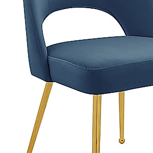Iconic Home Welburn Dining Side Chair Velvet Upholstered Open Back Design Gold Plated Solid Metal Legs (Set of 2) Modern Contemporary, Blue