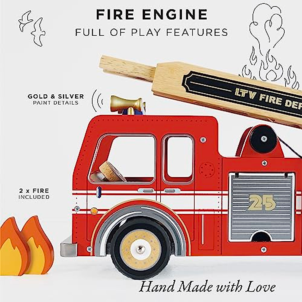 Le Toy Van Cars & Construction Collection Wooden Fire Engine Set Premium Wooden Toys for Kids Ages 3 Years & Up, Multi