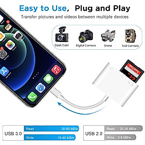 [Apple MFi Certified] Lightning to SD Card Reader for iPhone iPad,4 in 1 Lightning Male to USB Female OTG Adapter Compatible SD/TF Card,Memory Card Reader Portable USB 3.0 Adapter with Charging Port