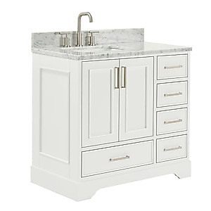 ARIEL Stafford 37 Inch Bathroom Vanity with Sink, White Bathroom Vanity, Solid Wood Vanity Base Cabinet, Carrara Marble Countertop, Left Rectangular Undermount Sink, 2 Soft Closing Doors, 5 Drawers