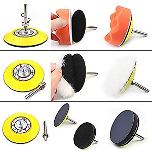 POLIWELL 3 Inch Car polishing Sanding Discs & Buffing Sponge Pads Kit with 1/4 inch Shank Backing Pad + Soft Interface Pad + Woolen Buffer Pads for Sanding Polishing Waxing, Total 34PCS