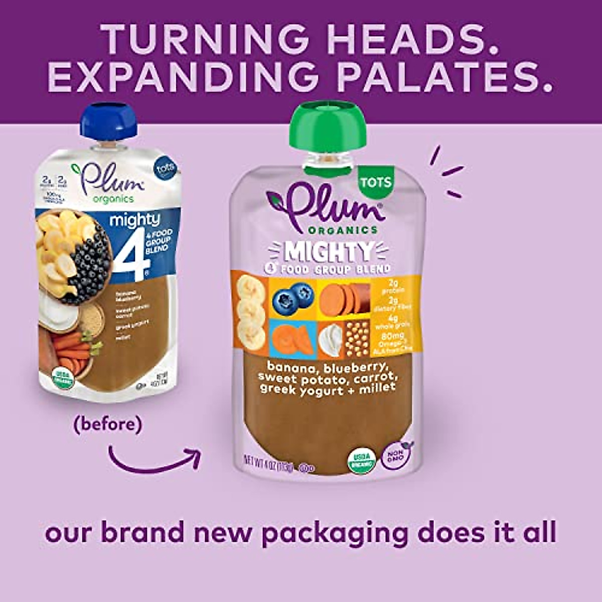 Plum Organics | Mighty Food Group Blend | Organic Baby Food Meals [12+ Months] | Banana, Blueberry, Sweet Potato, Carrot, Greek Yogurt & Millet | 4 Ounce Pouch (Pack Of 6) Packaging May Vary