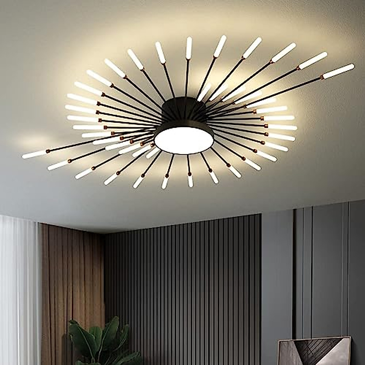 51 Inch Dimmable LED Ceiling Light Fixture,42 Lights Ceiling Lights Flush Mount Chandelier Black Indoor Lighting for Living Room,42W+12W Firework Deco Close to Ceiling Light with Remote Control