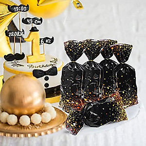 100 Pieces Plastic Party Treat Bags Foil Dot Cellophane Candy Goody Treat Bags with 100 Gold Twist Ties for Christmas Near Year Birthday Retirement Cocktail Wedding Party Supplies(Black Gold)