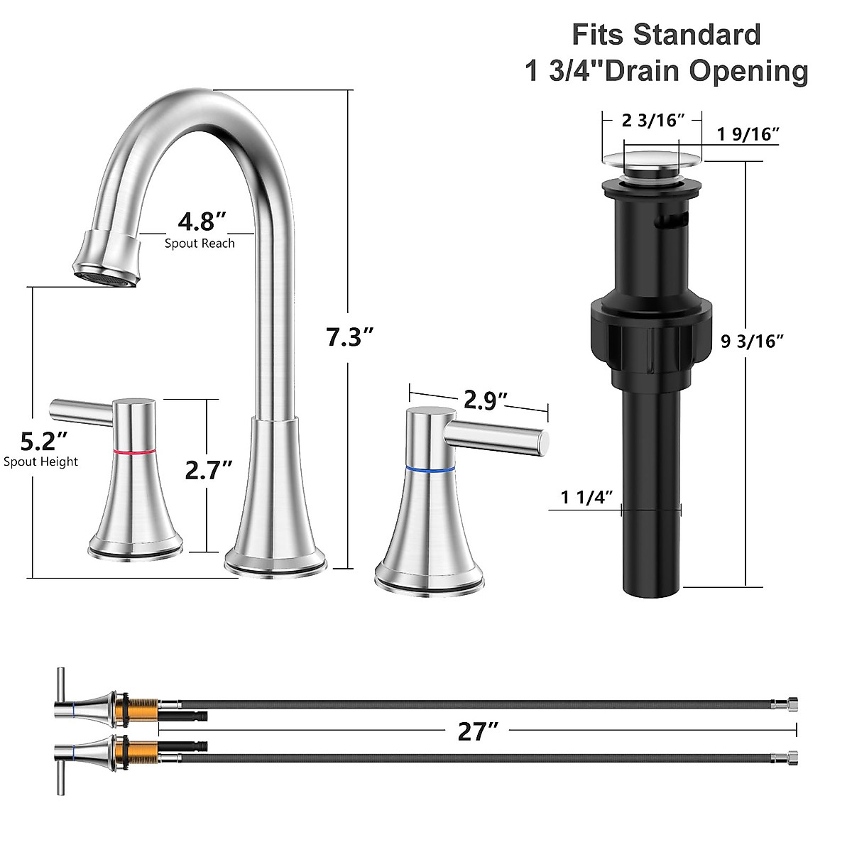 Bathroom Faucets for Sink 3 Hole,Faucet for Bathroom Sink,8 Inch Widespread Bathroom Sink Faucet with Pop-up Drain and 2 Supply Hoses for Bathroom Vanity Lavatory (Brushed Nickel)