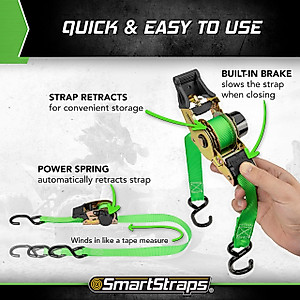 SmartStraps 6â€™ Ratchet Straps, 4 Pack â€” Standard Duty Retractable Tie-Down Straps â€” 1,500lb Break Strength, 500lb Safe Work Load â€” Haul ATVs, Lawn Tractors and Other Small Equipment