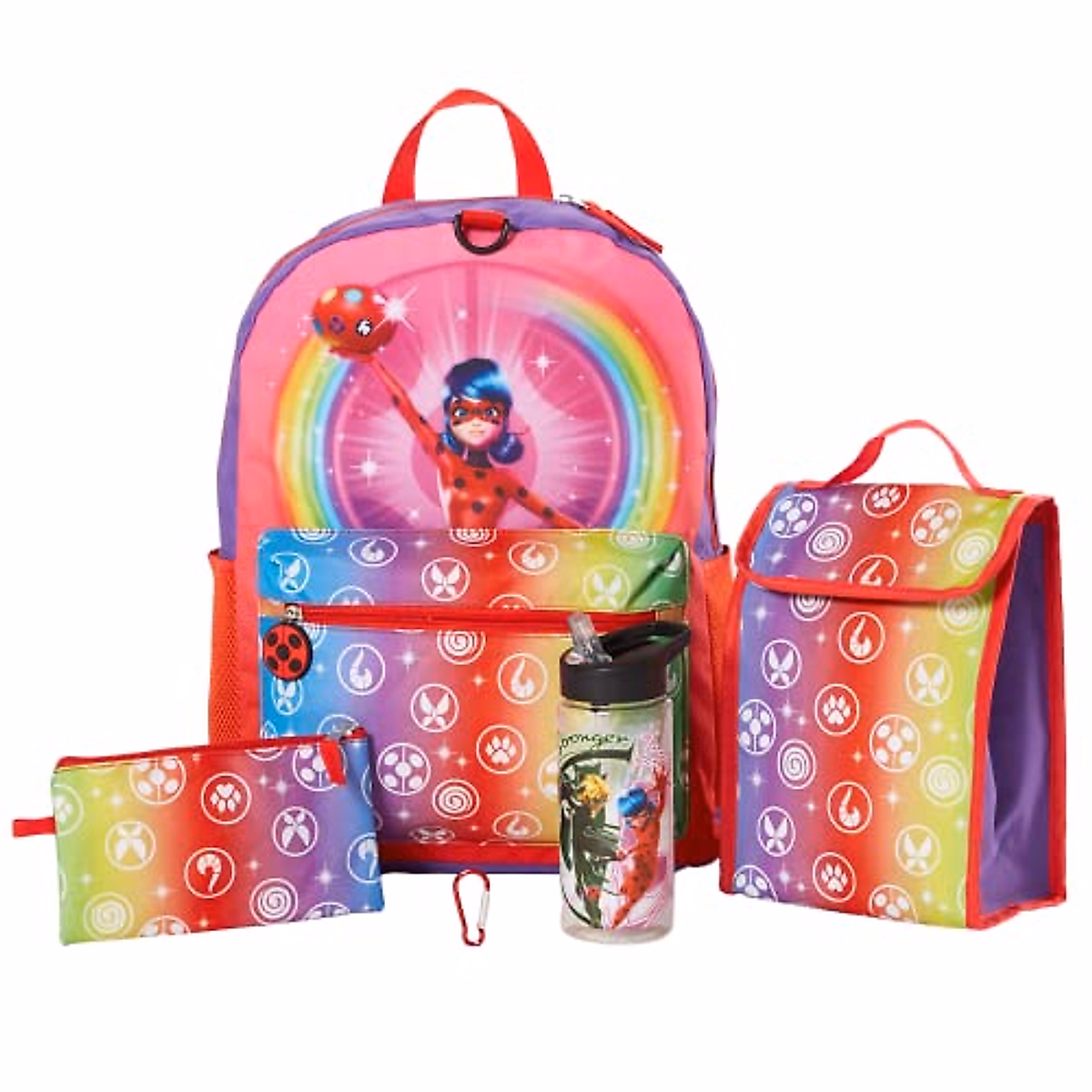 Miraculous Ladybug Backpack Set with Lunch Bag for Girls, 16 inch, 5 Piece Value Set, Rainbow