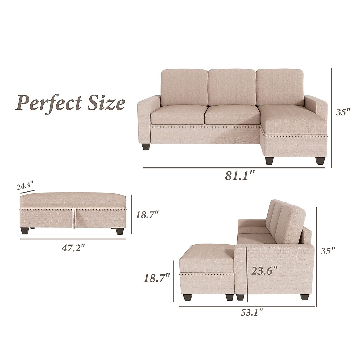 Ucloveria 81" Reversible Couch with Storage Chaise L-Shaped Apartment, Sectional Ottoman,Nailhead Textured Linen Fabric 3 Pieces Sofa Set,Warm Grey