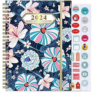 2024 Daily Planner with Stickers - 8.66"×6.2" January 2024 - December 2024 Happy Planners with Tabs, Twin Wire Spiral Binding Thick Paper Weekly and Monthly Academic Agenda Daily Notebook Pattern L