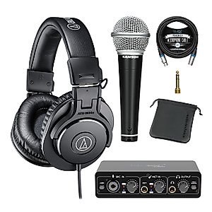 blucoil Audio Technica ATH-M30x Professional Studio Monitor Headphones (Black) Bundle Portable USB Audio Interface for Windows & Mac, 10' XLR Cable, and Samson R21S Dynamic Microphone