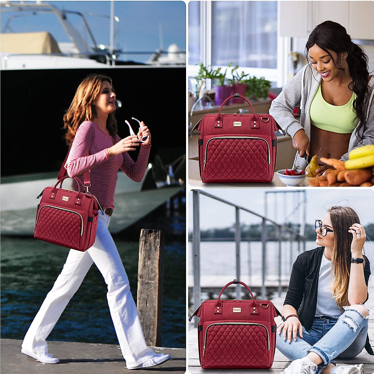 Artelaris Lunch Bags for Women, Insulated Lunch Bag, Large Leak Proof Lunch Cooler Bag, Lunch Tote Bag for Work, Meal Prep Lunch Box for Women, Red and Grey