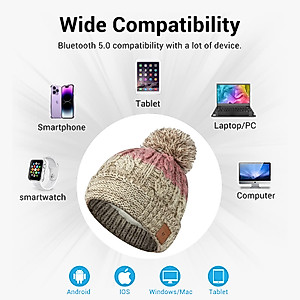 Bluetooth Beanie for Women, Wireless Knit Winter Cap, Built in Microphone and HD Stereo Speakers, Beanie Hat with Headphones for Outdoor Homes and Gifts (Khaki & Pink)