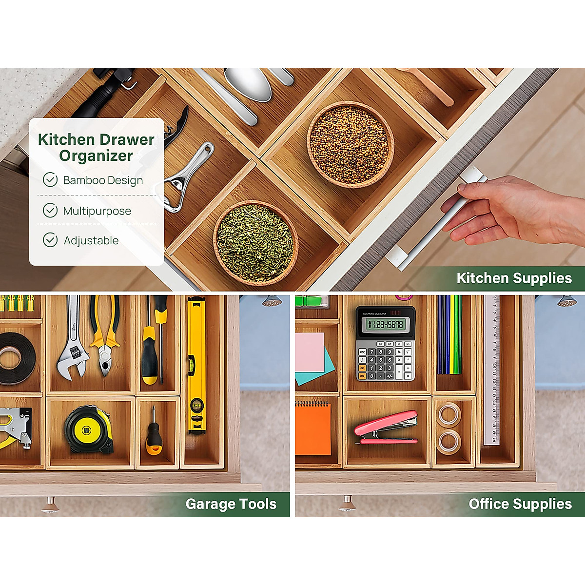 Kootek Kitchen Drawer Organizer for Utensils, 6 Pcs 8 Grid Silverware Tray Bamboo Drawer Organizers Cutlery Storage with Removable Dividers for Pantry Closet Desk Office