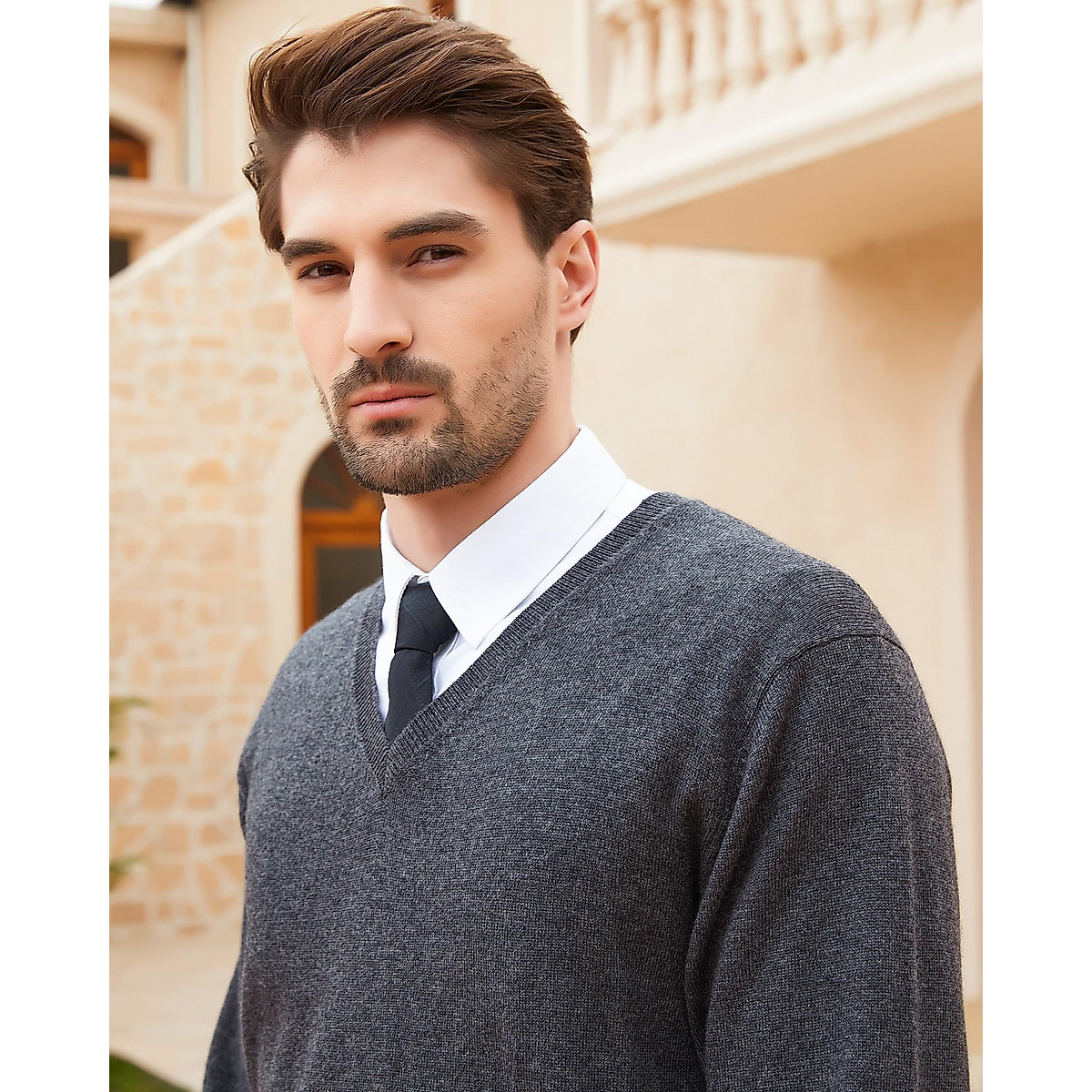 Kallspin Men's Wool Blend V-Neck Sweater Relax Fit Knit Pullover (Charcoal, X-Large)