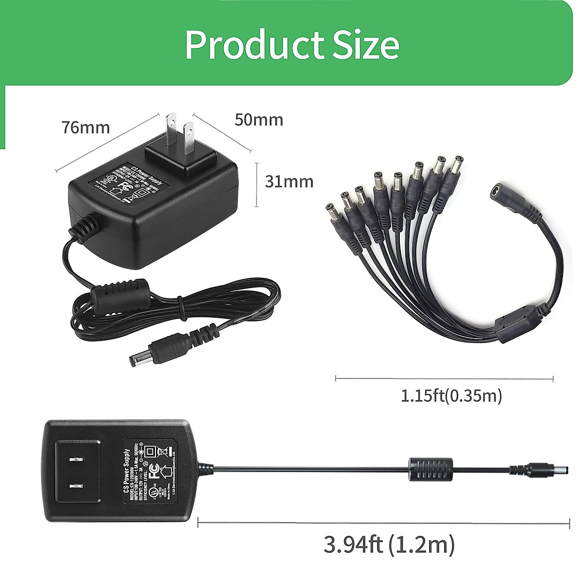 Security-01 AC 100-240V to DC 12V 3A Power Supply Adapter with 8 Way Splitter Cable for CCTV Security Camera DVR NVR Led UL Listed FCC