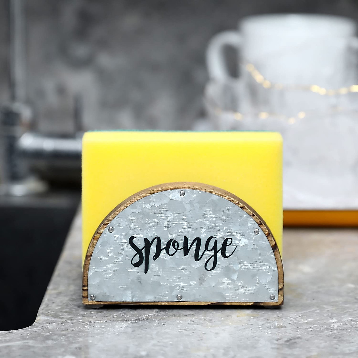 MyGift Burnt Wood Semicircle Kitchen Sink Sponge Holder with Galvanized Metal and Black Sponge Cursive Lettering