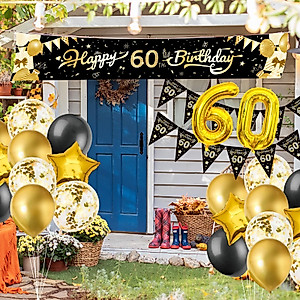 60th Birthday Decoration Happy Birthday Party Decoration Set Black and Gold Banner Balloons Backdrop for Men and Women