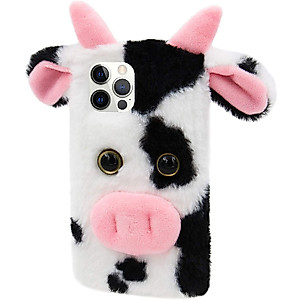 Girlyard Milk Cow Case for iPhone 8 Plus / 7 Plus, Cute 3D Cartoon Dairy Cattle Fluffy Hairy Silicone Cover Fuzzy Warm Faux Stuffed Plush Doll Soft Furry Protective Shell for Women Girls - Black