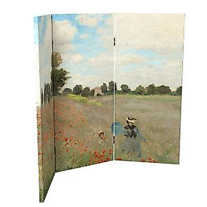 Red Lantern 3 ft. Short Double Sided Works of Monet Canvas Folding Screen 3 Panel Freestanding Partition and Separator for Modern and Contemporary Bedroom, Home Office, Studio, Dorm, Apartment