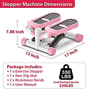 Kweetle Steppers for Exercise, Mini Stair Stepper with Resistance Bands & Mat, Stepper Machine 330lbs Bearing Capacity with LCD Display for Home Office Workout Training, Pink