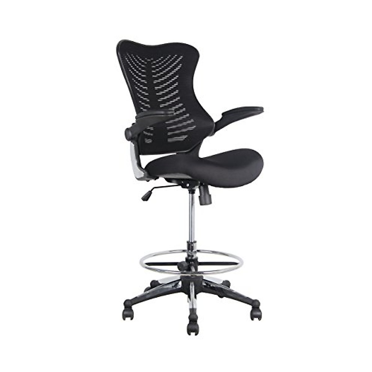 OFFICE FACTOR Stool Clerk Teller Drafting Chair Reception Black Mesh Flip up Armrest Molded Seat with a Single Handle Mechanism (Stool Black MESH Fabric)