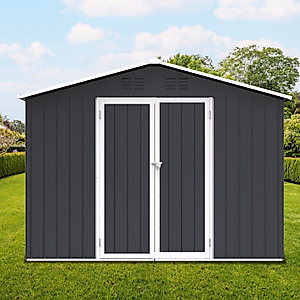 Zevemomo 10X8 FT Outdoor Storage Shed, All Weather Tool Shed with Metal Foundation & 2 Lockable Doors, Metal Sheds Outdoor Storage for Garden, Patio, Backyard, Lawn, Black