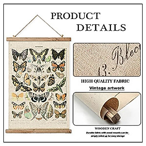 Vintage Butterflies Hanging Poster, Retro Style of Wall Art Prints, Printed on Linen with Wood Frames, Ready to Hang