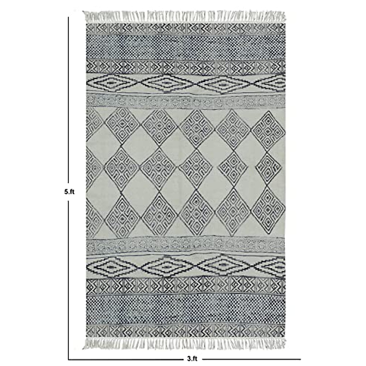 Casavani Hand Block Printed Rug Moroccan Beige & Black Tassel Rug Boho Area Rug Easy Care Washable Rugs for Doormat Entryway Living Room Bedroom Hallway Balcony 5x5 Feet Square
