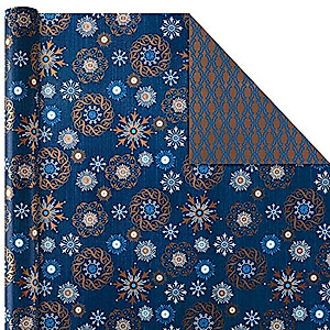 Hallmark Reversible Christmas Wrapping Paper Bundle, Elegant Blue and Gold (4 Rolls: 150 sq. ft. ttl.) Dark Blue, Gold, Teal Snowflakes, Peace, Stripes, Geometric