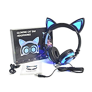 LIMSON Cat Ear Headphones for Kids, LED Light with USB Chargeable Foldable Earphones for ChildrenTeens Adults, Compatible for iPad, Tablet, Computer, Mobile Phone (Black&Blue)