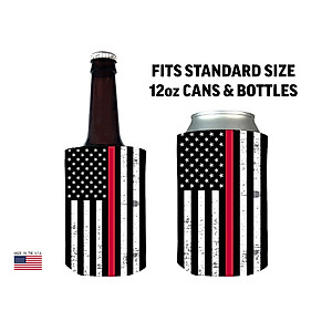 Thin Red Line Flag Collapsible Beer Can Bottle Beverage Cooler Sleeves 2 Pack Gift For Firefighter Fire Fighter