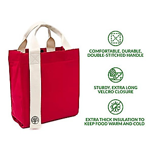 VIRGIN PULP Canvas Lunch Bag, Extra Thick Insulation keeps food cold, fresh & hot, Quality Construction, Large size to fit sandwich, salad, containers, Perfect for Men, Women, Teens & Kids, Red