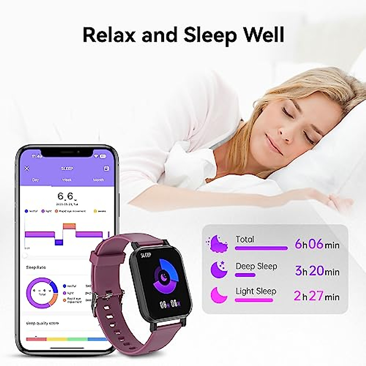 MAXTOP Smart Watch for Women Men,1.69" Touch Screen Fitness Tracker for iPhone Android Phone IP68 Waterproof,Finess Watch with Step Calorie Counter Sleep Monitoring Pedometer Watches, T11 Pro+ Purple