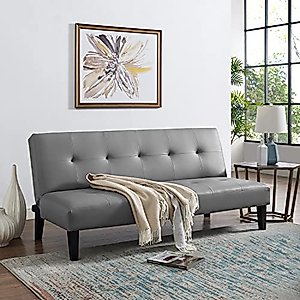 Naomi Home Tufted Futon Sofa Bed, Faux Leather Futon Couch, Modern Convertible Folding Sofa Bed Couch with Wooden Legs, Reclining Small Couch Bed, Durable and Sturdy Futon, Gray