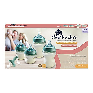 Tommee Tippee Silicone Baby Bottle and Pacifier Set | Closer to Nature Soft Feel Bottles, Breast-Like Nipples, Stain and Odor Resistant | 0-6m Breast-Like Pacifiers