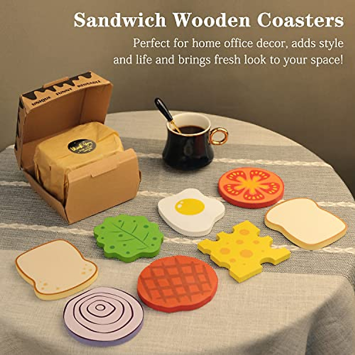 Sandwich Coasters for Drinks, Sets of 8 Funny Wood Coasters with Non-Slip Pads, Cute Coasters for Coffee Table Wooden Table, Unique Birthday Housewarming Gifts, Office Home Desk Decor 4 Inch