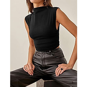 Lauweion Women Sleeveless Turtlenecks Crop Tops Ruched Slim Fit Solid Basic Casual Mock Neck Crop Tank Top Black