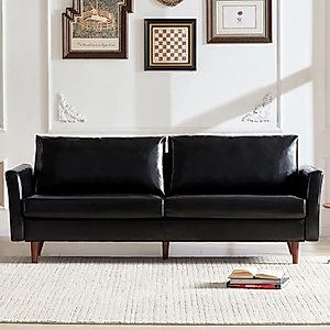 WILLOVE 80'' Faux Leather Sofa, 3 Seater Leather Couch with Cozy Wide Seats, Mid-Century Modern Loveseat Couch for Living Room Furniture with Padded Cushions, Black