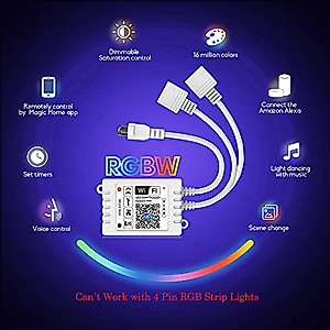 Smart WiFi RGBW LED Controller 2-Output 5 Pin with 24-Key Remote,Compatible with Alexa&Google Assistant,Voice/APP/Music Control Strip Lights for Android/iOS System,WiFi LED Controller Only(New)