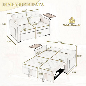 Auvsoce 3 in 1 Multi-Functional Convertible Sleeper Sofa Bed, Love Seat with rotatable Side Table,Modern Velvet Fabric, Ideal for Apartment Living Room Bedroom