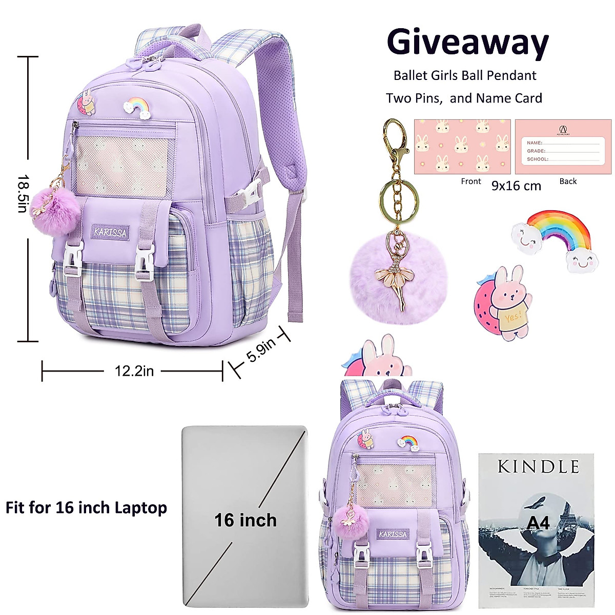 AO ALI VICTORY Girls Backpack 15.6 Inch Laptop School Bag Cute Kids Elementary College Backpacks Large Bookbags for Teen Girl Women Students Anti Theft Travel Daypack - Purple