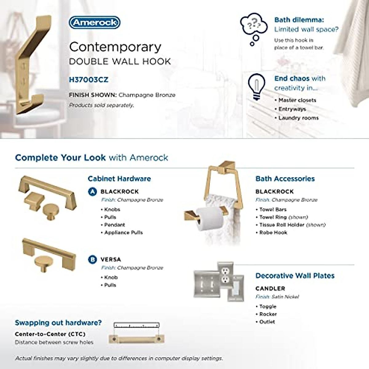 Amerock H37003CZ | Emerge Double Prong Decorative Wall Hook | Champagne Bronze Hook for Coats, Hats, Backpacks, Bags | Hooks for Bathroom, Bedroom, Closet, Entryway, Laundry Room, Office