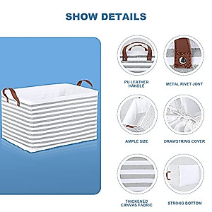 Extra Large Storage Basket organizer Fabric Storage Bin for shelf Closet Organizer Bin Collapsible Storage Box with PU Leather Handles and Drawstring Closure (Waterproof Lining, Grey Stripe,2Pack)