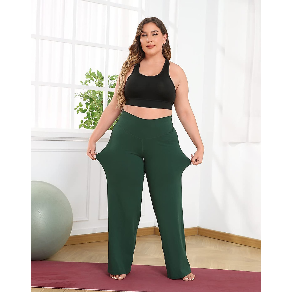 HDE Plus Size Wide Leg Cotton Yoga Pants for Women High Waist Workout Leggings Dark Green - 2X