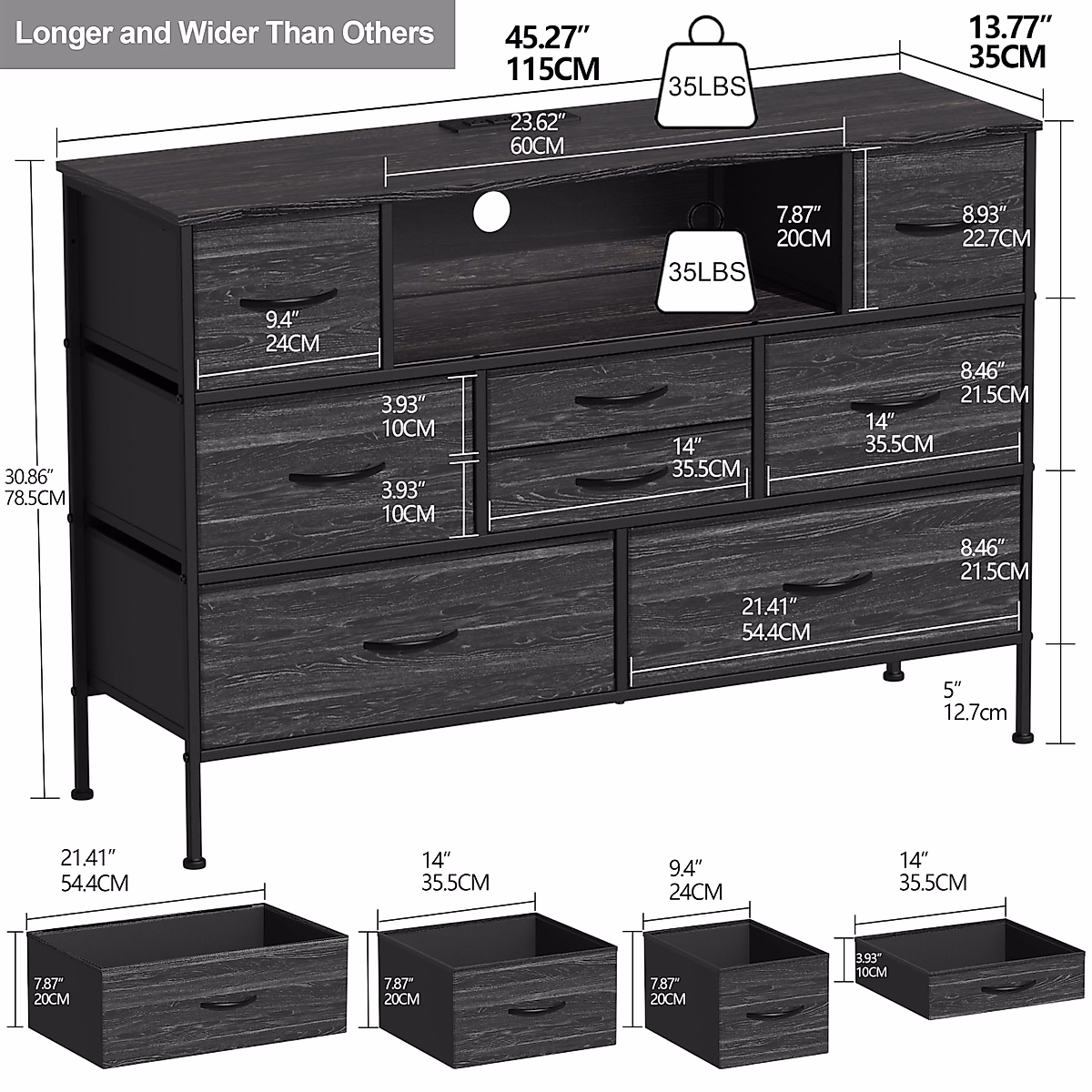 Simoretus Wide Dresser with Charging Station and LED Light for Bedroom 8 Fabric Drawers Chest of Drawers with Power Outlet Storage Open Shelf for Living Room TV Stand Closet Hallway (Charcoal Black)