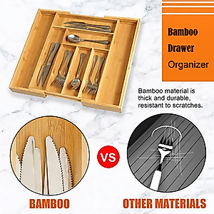 Olioeiao Expandable Bamboo Silverware Organizer Drawer for Utensils Holder and Cutlery, 8 Compartments for Drawer Tray with Dividers, Flatware and Kitchen Utensils organizer(Natural)