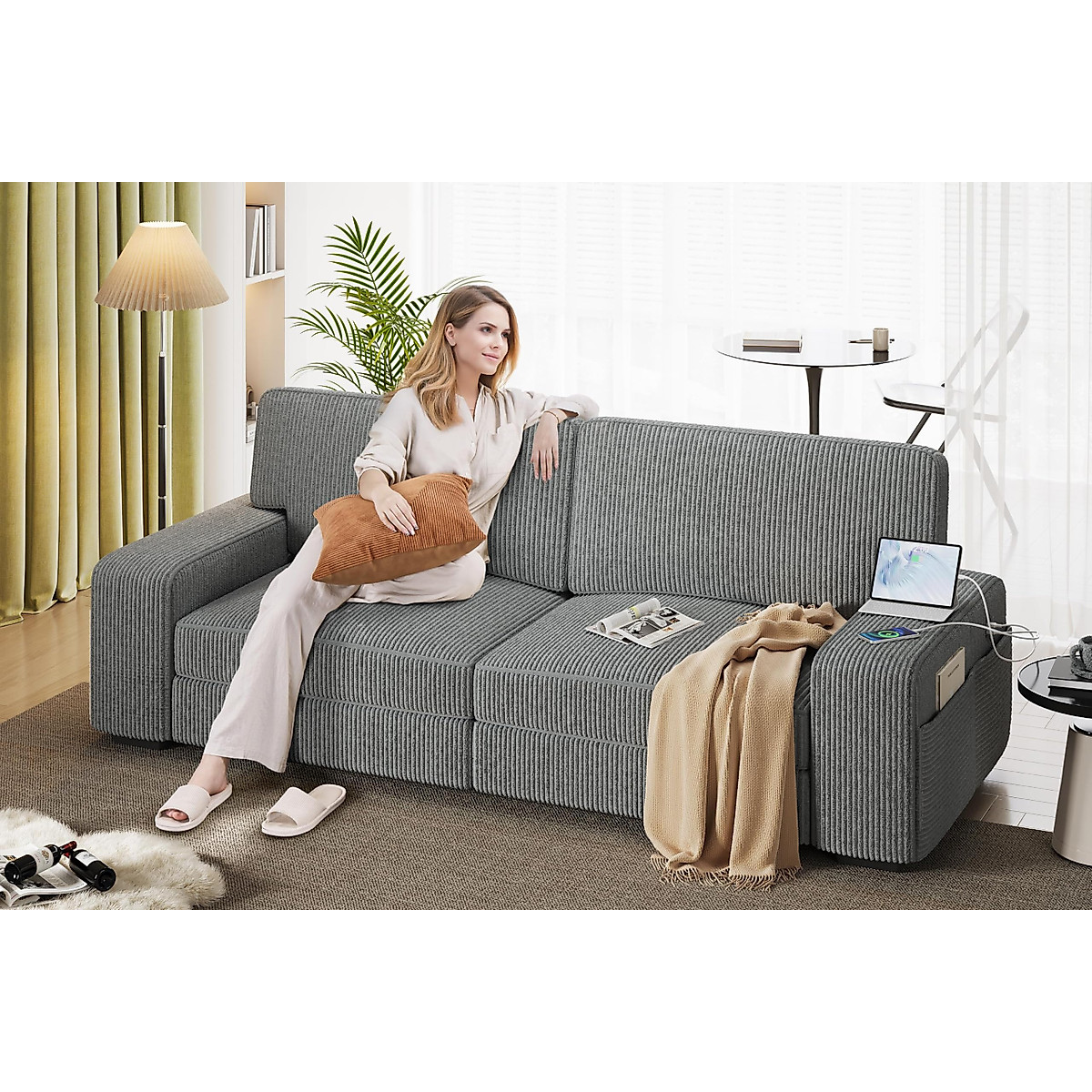 Yaheetech 83.5" W Modern Sofa Couch Corduroy Fabric Sofa with USB Charging Ports & Side Storage Pockets for Living Room Apartment, Dark Gray