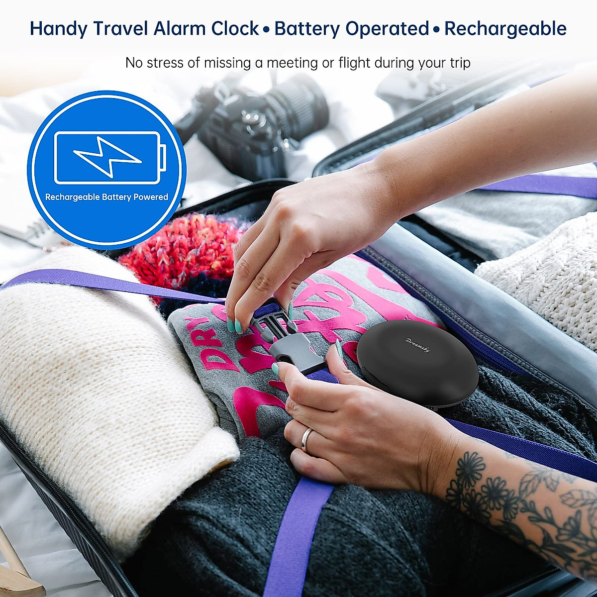 DreamSky Vibrating Alarm Clock for Heavy Sleepers - Auto Set Bed Shaker Alarm Clock Under Pillow for Hearing Impaired, Bedroom, Travel, Rechargeable Battery Operated, Cordless, Auto DST, LCD Backlight